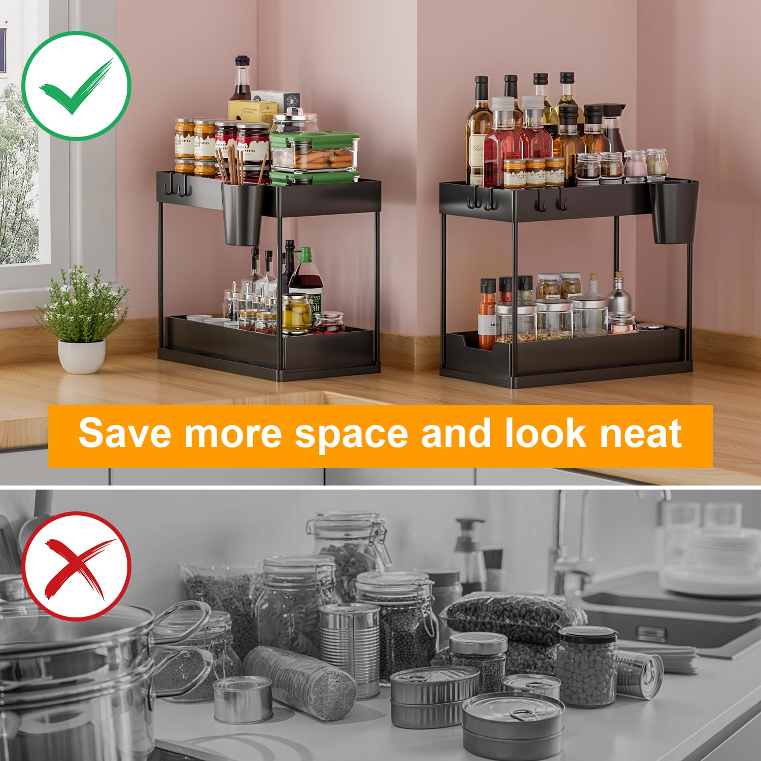 GORLDE Under Sink Organizers and Storage,2 Tier undersink organizers with Pull Out Sliding Drawers,Multi-purpose Bathroom Kitchen Under Cabinet Organizer with Hooks Hanging Cup,Black