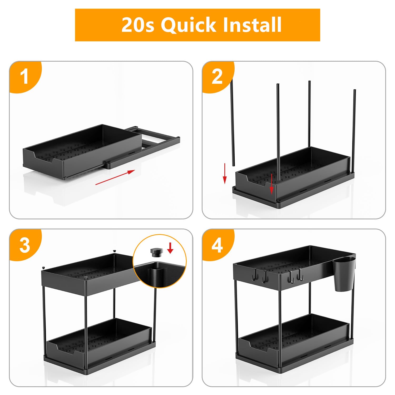 GORLDE Under Sink Organizers and Storage,2 Tier undersink organizers with Pull Out Sliding Drawers,Multi-purpose Bathroom Kitchen Under Cabinet Organizer with Hooks Hanging Cup,Black