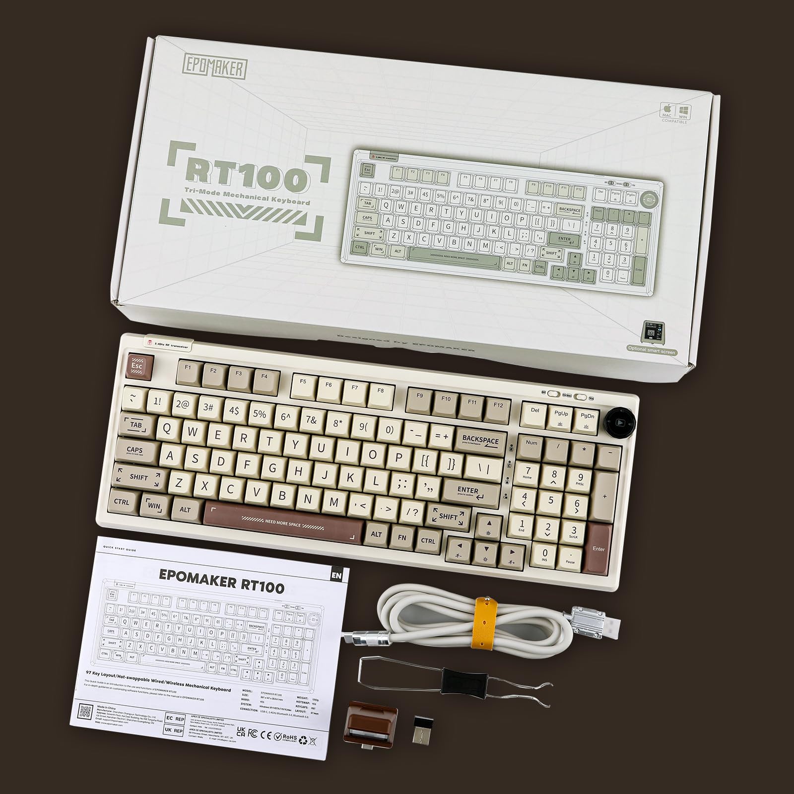 EPOMAKER RT100 Mechanical Keyboard, Retro Gaming Keyboard, with Display Screen, BT5.0/2.4G/USB-C 97 Keys Gasket Custom Keyboard, Hot Swappable, RGB Backlit, with Knob for Win/Mac (Gateron Pro Yellow)