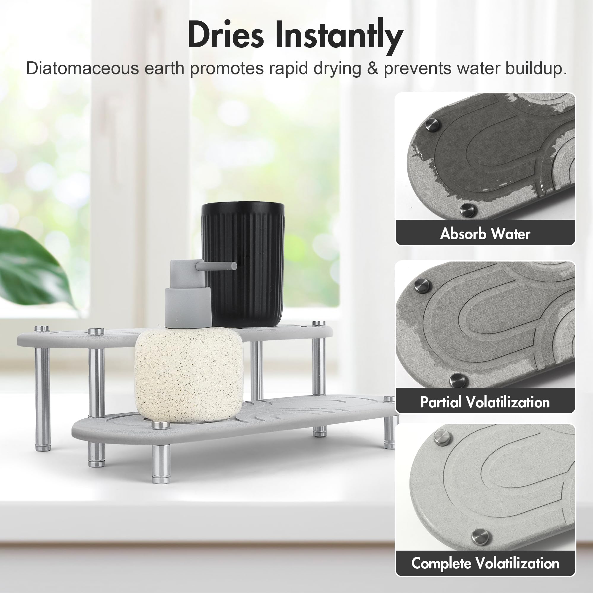 YumTech Sink Tray, Diatomaceous Tray, Fast Drying Stone Sink Caddy, Instant Dry Sink Organizer Bathroom, Water Absorbing Drying Stone Tray for Sink, Drying Stone for Kitchen Counter(2-Tier, Grey)