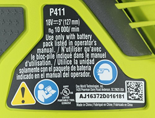 Ryobi P411 One+ 18 Volt 5 Inch Cordless Battery Operated Random Orbit Power Sander (Battery Not Included / Power Tool Only)