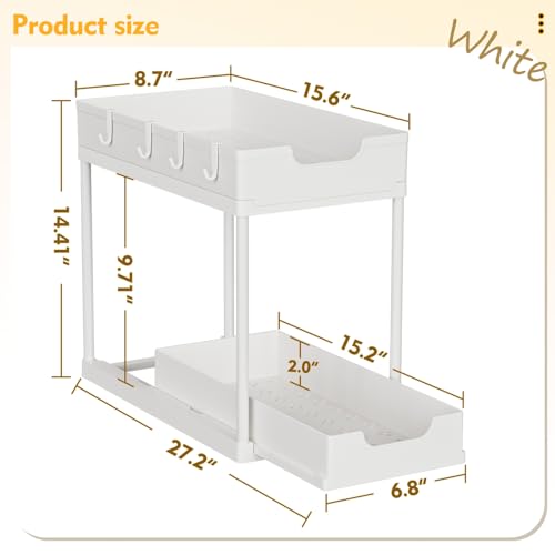 YFXCVSL 2-PACK Pull-Out Under Sink Organizer Double Sliding, 2 Tiers Under Bathroom Cabinet Organization, Kitchen Storage Shelf with Hooks, Sink Organizer, 14.41 “(H) * 8.7 “(W) * 15.6“(L), White
