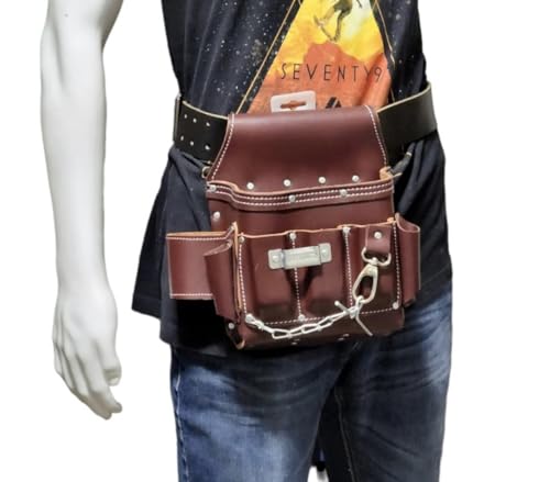 6 Pocket Leather Electrician Tool Pouch | Electricial Tool Organizer with Tape Holder, Tape Chain & Snap Hook (Rustic Red)