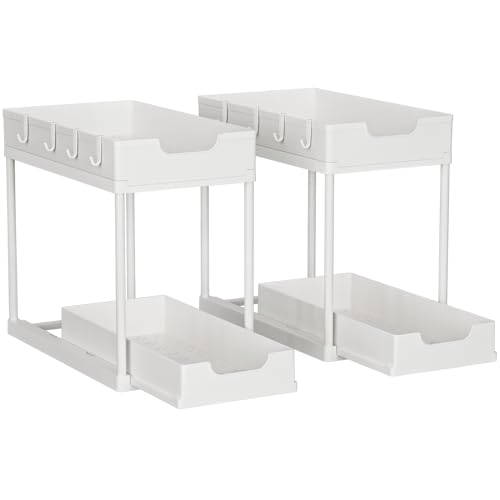 YFXCVSL 2-PACK Pull-Out Under Sink Organizer Double Sliding, 2 Tiers Under Bathroom Cabinet Organization, Kitchen Storage Shelf with Hooks, Sink Organizer, 14.41 “(H) * 8.7 “(W) * 15.6“(L), White