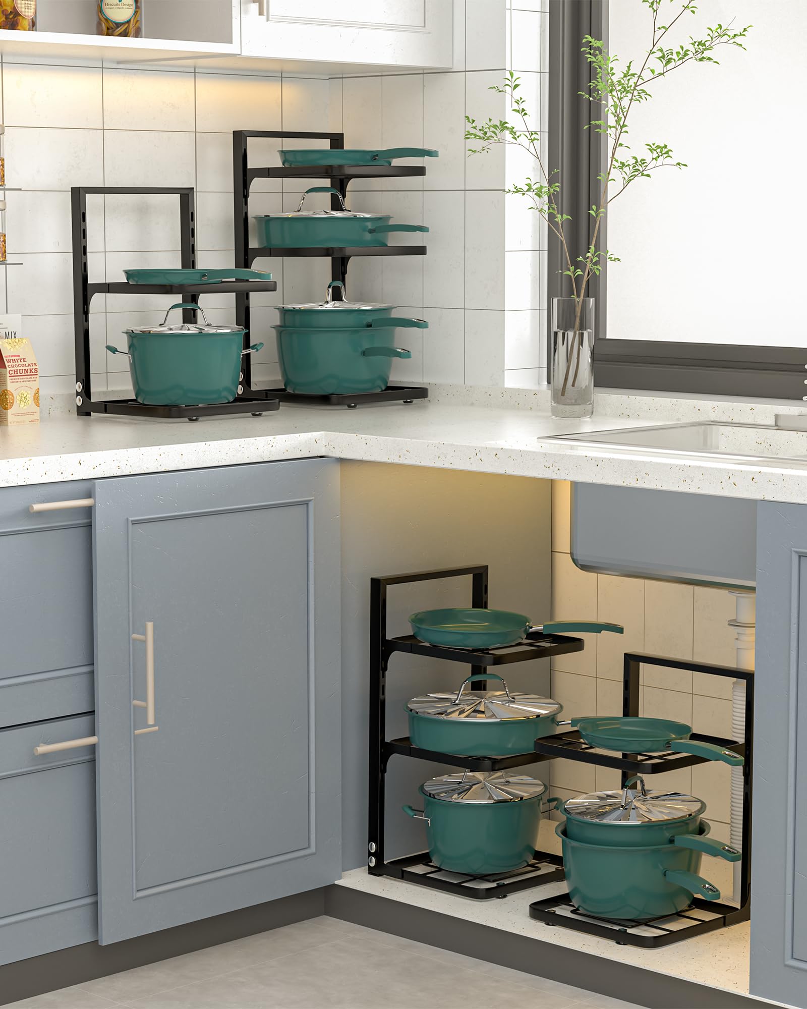 MIDYOO 2+3 Tier Adjustable Height Under Sink Organizers,Kitchen Storage Cabinet - Pots and Pans Organizer under Cabinet - Pots, Pans, and Lid Storage,Maximize Cabinet Space