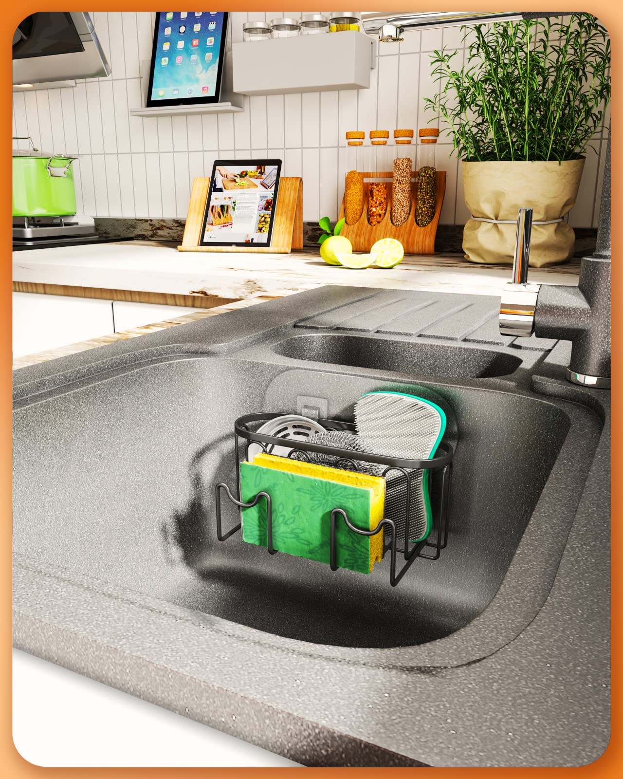 SWTYMIKI Sponge Holder for Kitchen Sink with Double Hook, Stainless Steel Kitchen Sink Caddy Multifunctional Kitchen Sink Organizer with Strong Adhesive for Sponge, Brush, Sink Stopper, Black