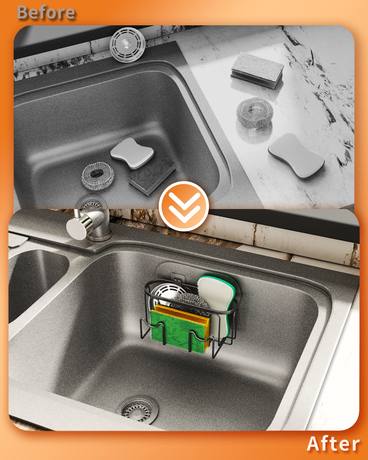 SWTYMIKI Sponge Holder for Kitchen Sink with Double Hook, Stainless Steel Kitchen Sink Caddy Multifunctional Kitchen Sink Organizer with Strong Adhesive for Sponge, Brush, Sink Stopper, Black