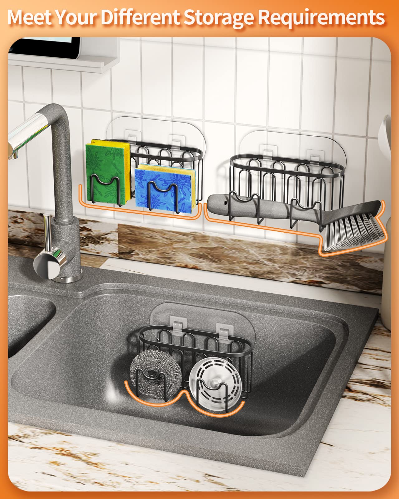SWTYMIKI Sponge Holder for Kitchen Sink with Double Hook, Stainless Steel Kitchen Sink Caddy Multifunctional Kitchen Sink Organizer with Strong Adhesive for Sponge, Brush, Sink Stopper, Black