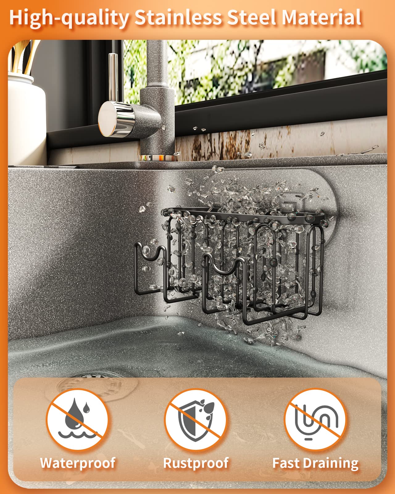 SWTYMIKI Sponge Holder for Kitchen Sink with Double Hook, Stainless Steel Kitchen Sink Caddy Multifunctional Kitchen Sink Organizer with Strong Adhesive for Sponge, Brush, Sink Stopper, Black