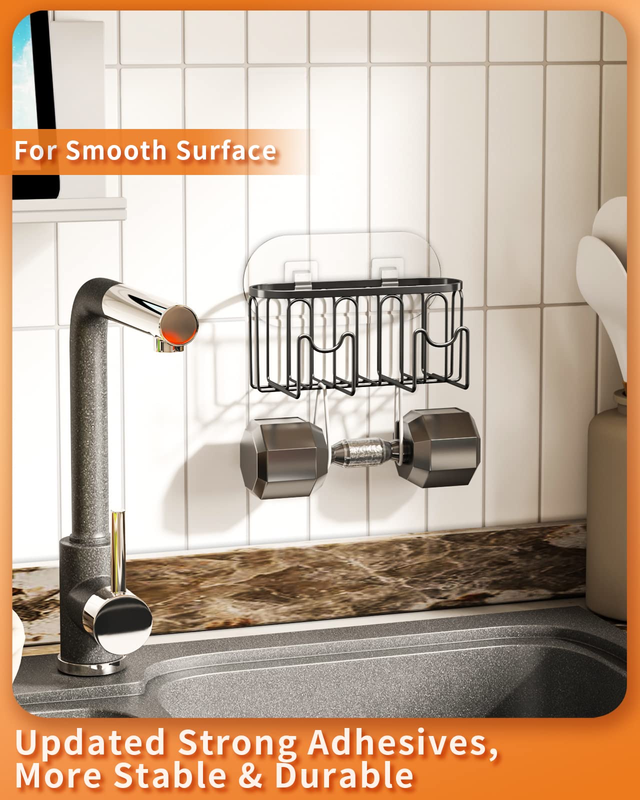 SWTYMIKI Sponge Holder for Kitchen Sink with Double Hook, Stainless Steel Kitchen Sink Caddy Multifunctional Kitchen Sink Organizer with Strong Adhesive for Sponge, Brush, Sink Stopper, Black