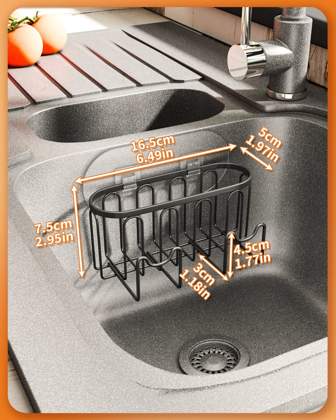 SWTYMIKI Sponge Holder for Kitchen Sink with Double Hook, Stainless Steel Kitchen Sink Caddy Multifunctional Kitchen Sink Organizer with Strong Adhesive for Sponge, Brush, Sink Stopper, Black