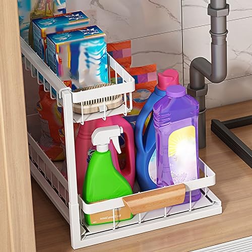 Tainrunse Sliding Cabinet Organizer Kitchen Shelf Maximize Storage with Durable 2-Tier Rust-Resistant Metal Construction for Easy Access Under Sink Narrow White