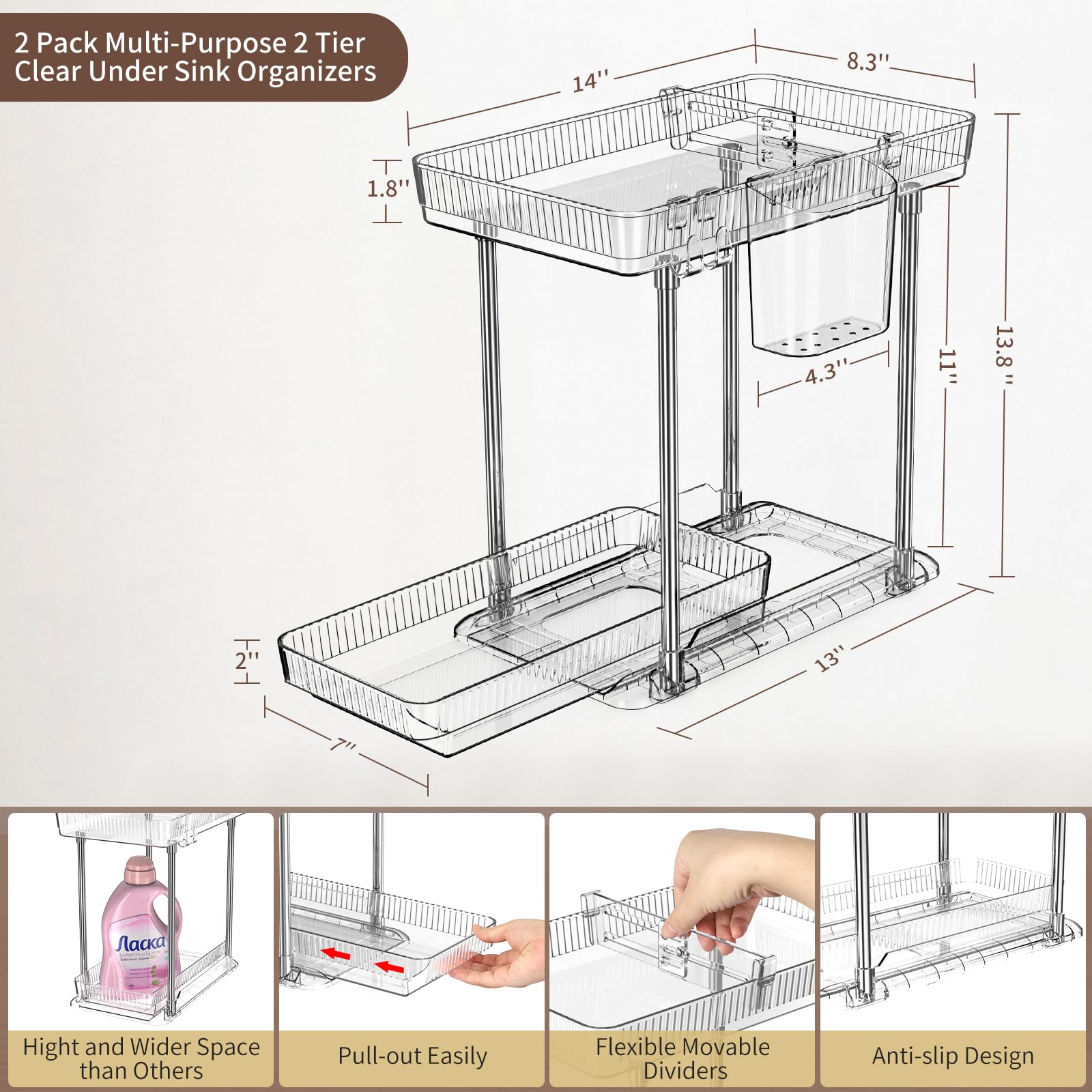 2 Tier Bathroom Cabinet Under Sink Organizers and Storage Clear, Multi-Purpose Kitchen Pantry Organization and Storage, Pull Out Medicine Cabinet Organizer Storage with Movable Dividers & Cups, 2 Set