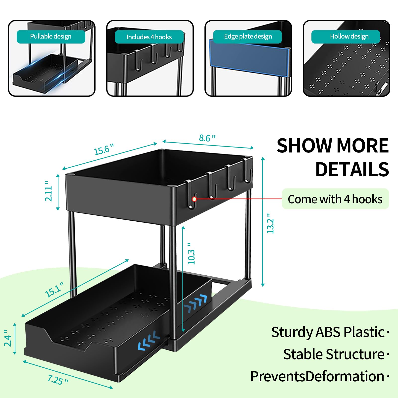 Kitchen Multi-Purpose Sink Organiser, Under Drawer Organiser, Under Sink Storage, 2 Tier Under Cabinet Organiser with Hooks and Cups, Cupboards, Bathrooms and Kitchens, Black
