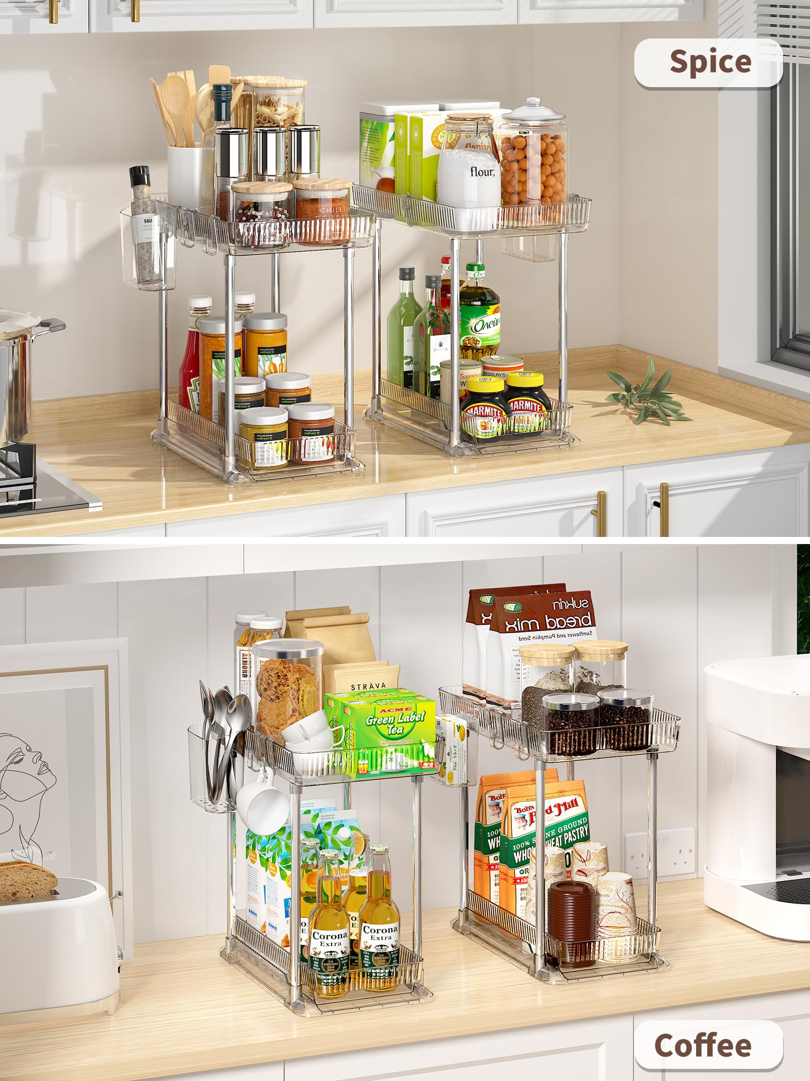 2 Tier Bathroom Cabinet Under Sink Organizers and Storage Clear, Multi-Purpose Kitchen Pantry Organization and Storage, Pull Out Medicine Cabinet Organizer Storage with Movable Dividers & Cups, 2 Set