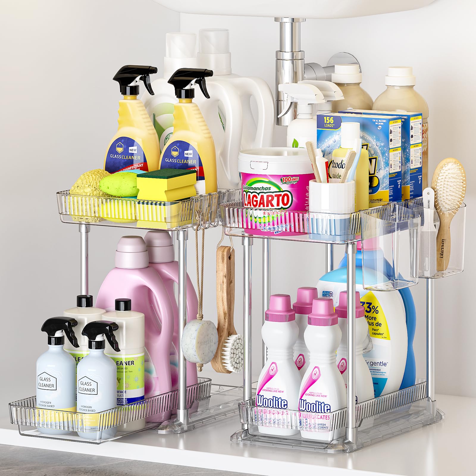 2 Tier Bathroom Cabinet Under Sink Organizers and Storage Clear, Multi-Purpose Kitchen Pantry Organization and Storage, Pull Out Medicine Cabinet Organizer Storage with Movable Dividers & Cups, 2 Set
