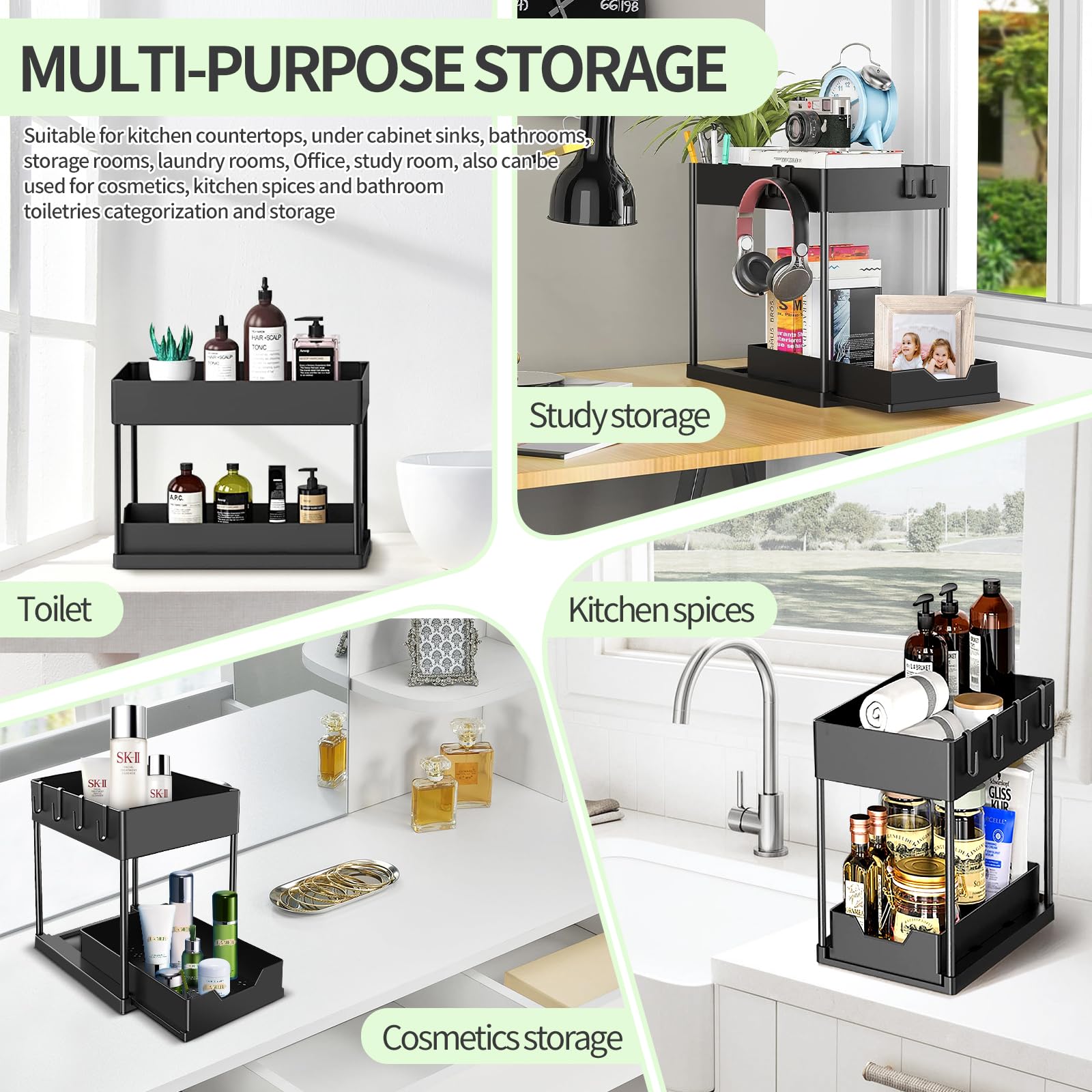 Kitchen Multi-Purpose Sink Organiser, Under Drawer Organiser, Under Sink Storage, 2 Tier Under Cabinet Organiser with Hooks and Cups, Cupboards, Bathrooms and Kitchens, Black