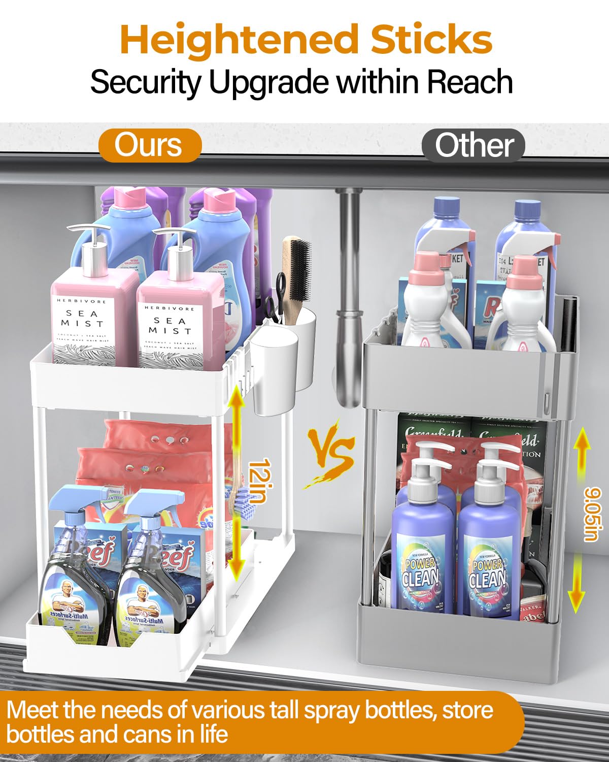 DILEASIR Under Sink Organizers and Storage Bathroom 2Pack, 2 Tier Kicthen Cabinet Basket Organizer, with Hooks, Hanging Cup, Dividers, Handles, Multi-purpose Under Sink Shelf Organizer, White