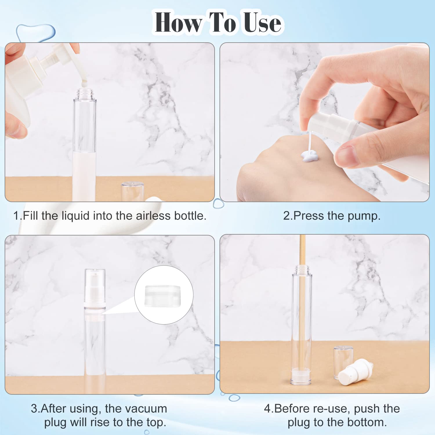 20Pcs 15ml/0.5oz Airless Pump Bottle Refillable Plastic Airless Vacuum Dispenser Portable Clear Cosmetic Sample Vial Container Jars for Lotion Emulsion Toiletries Liquid Foundation