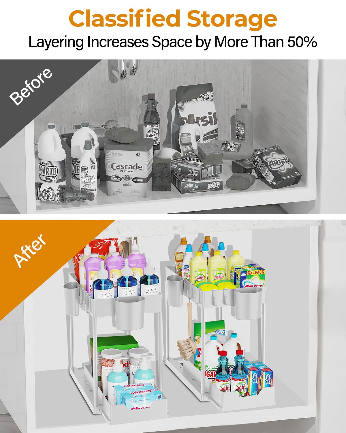 DILEASIR Under Sink Organizers and Storage Bathroom 2Pack, 2 Tier Kicthen Cabinet Basket Organizer, with Hooks, Hanging Cup, Dividers, Handles, Multi-purpose Under Sink Shelf Organizer, White