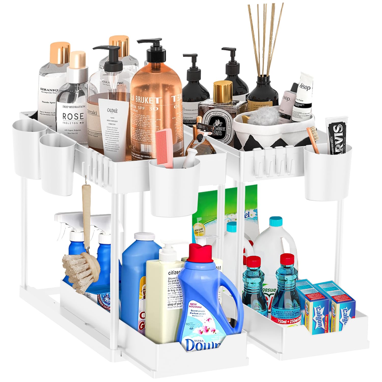 DILEASIR Under Sink Organizers and Storage Bathroom 2Pack, 2 Tier Kicthen Cabinet Basket Organizer, with Hooks, Hanging Cup, Dividers, Handles, Multi-purpose Under Sink Shelf Organizer, White