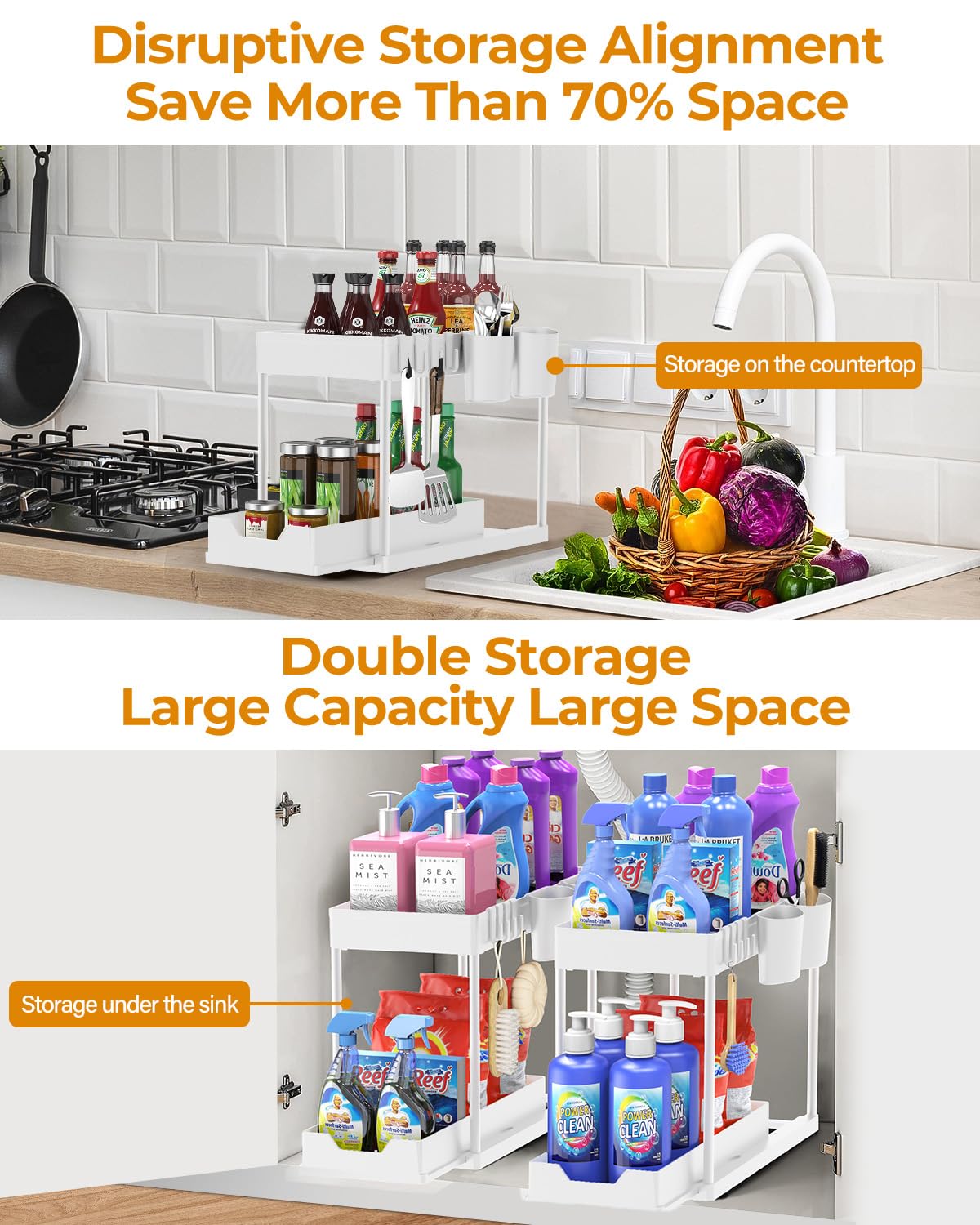 DILEASIR Under Sink Organizers and Storage Bathroom 2Pack, 2 Tier Kicthen Cabinet Basket Organizer, with Hooks, Hanging Cup, Dividers, Handles, Multi-purpose Under Sink Shelf Organizer, White