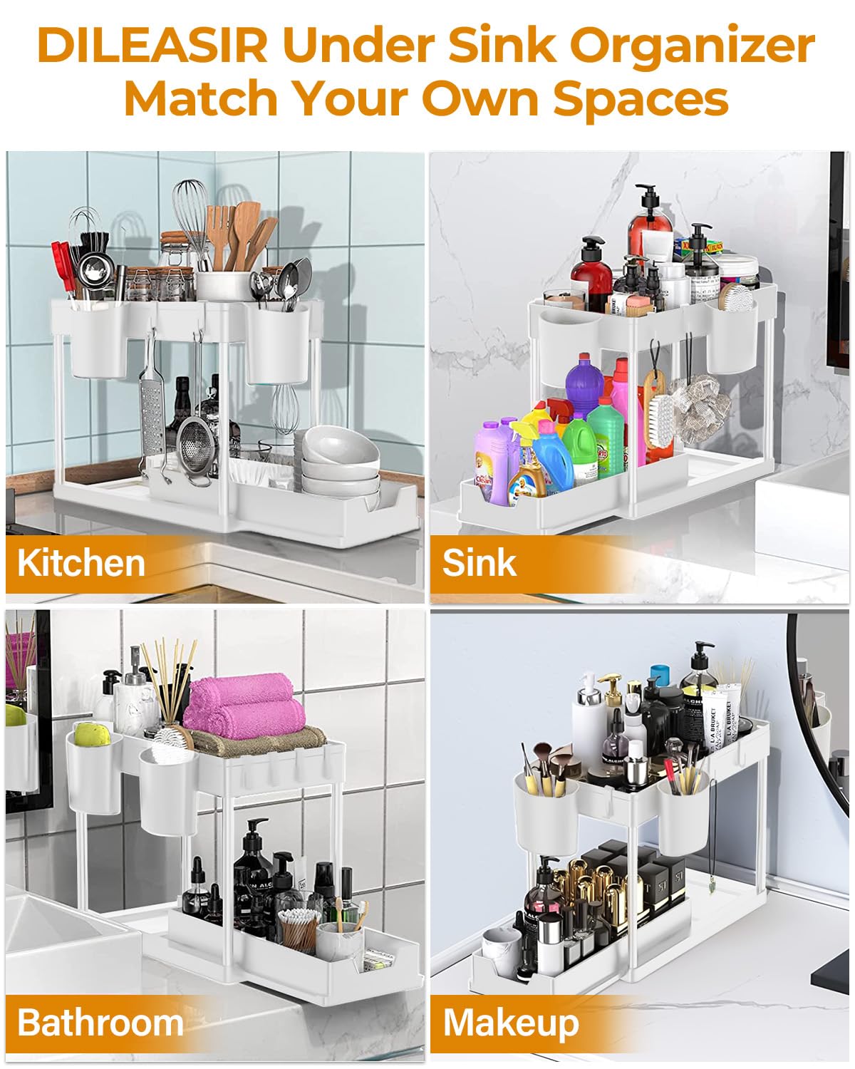 DILEASIR Under Sink Organizers and Storage Bathroom 2Pack, 2 Tier Kicthen Cabinet Basket Organizer, with Hooks, Hanging Cup, Dividers, Handles, Multi-purpose Under Sink Shelf Organizer, White