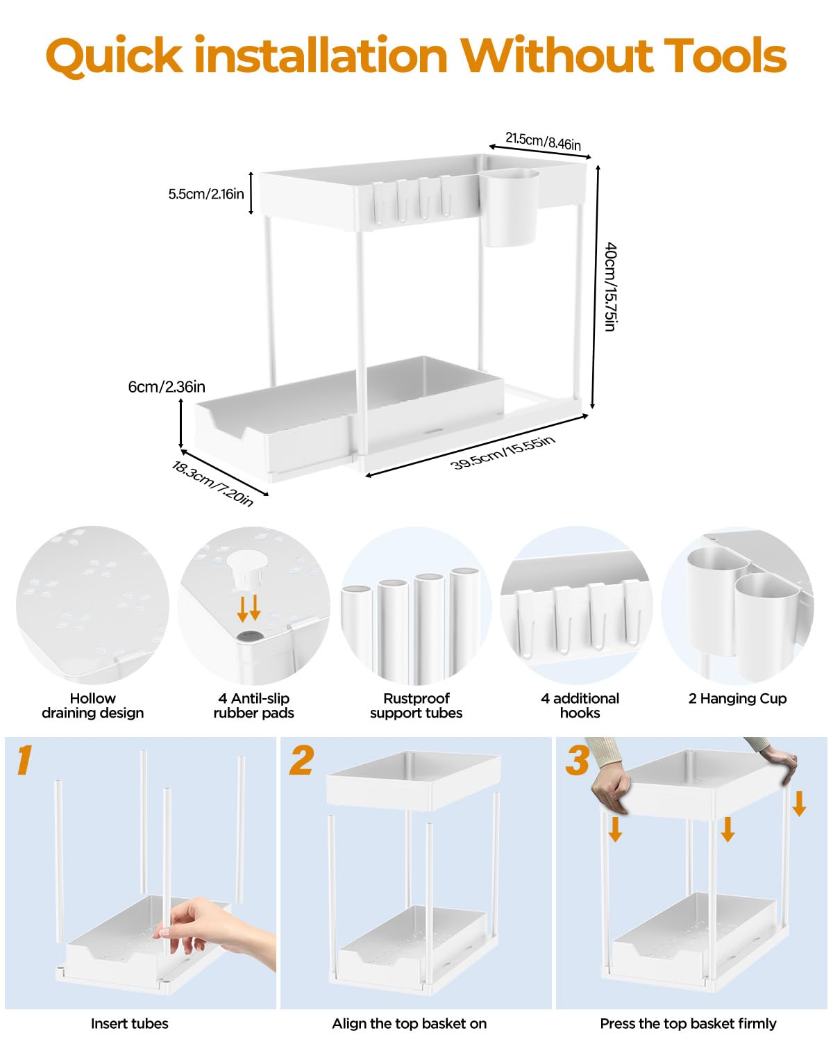 DILEASIR Under Sink Organizers and Storage Bathroom 2Pack, 2 Tier Kicthen Cabinet Basket Organizer, with Hooks, Hanging Cup, Dividers, Handles, Multi-purpose Under Sink Shelf Organizer, White