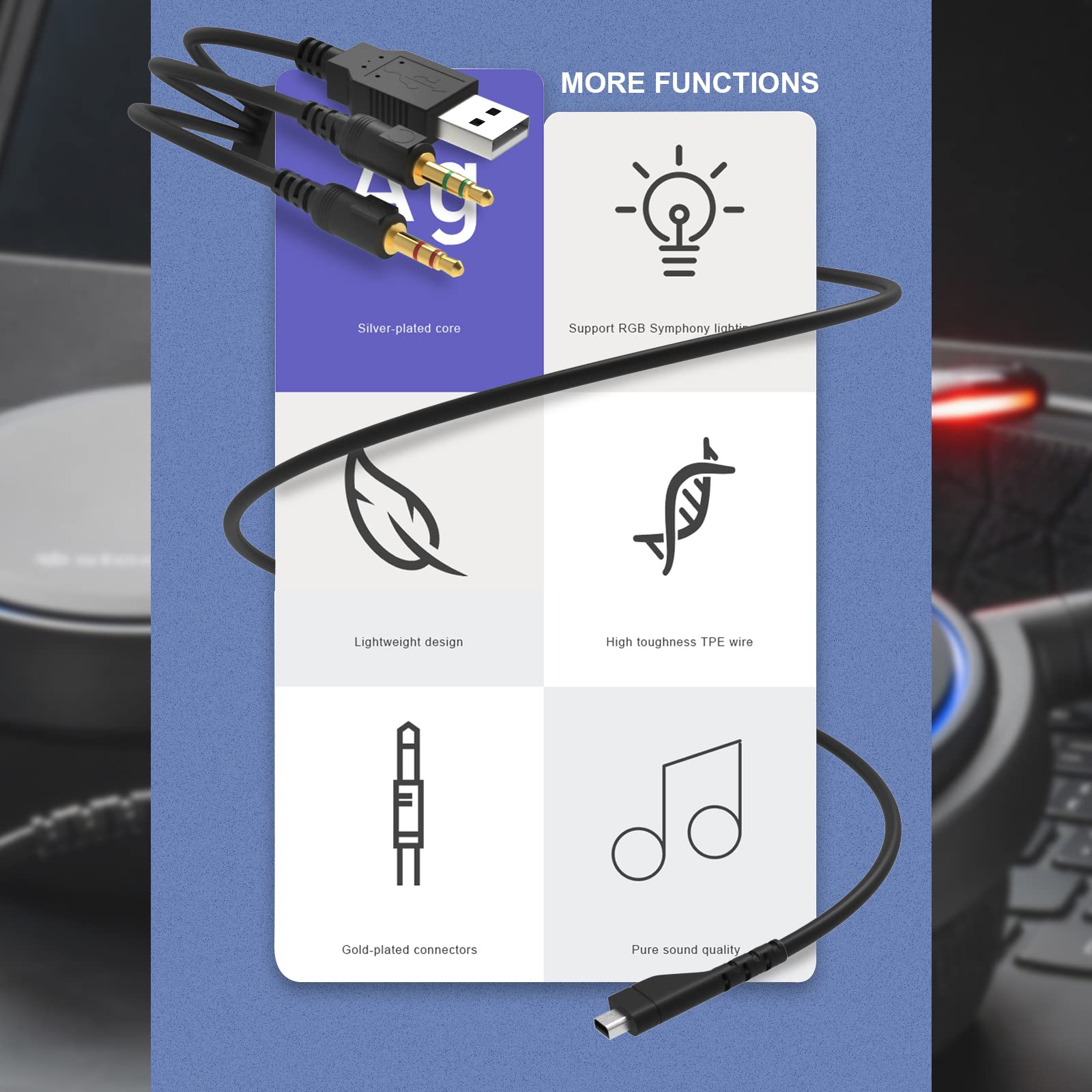 Koffmon 6.6ft PC Audio Detachable Cord Replacement Arctis Pro Cable Compatible with SteelSeries Arctis3 Arctis5 Arctis7 Arctis Pro Wireless Headphones-USB A &3.5mm Aux Computer Y Splitter Connector