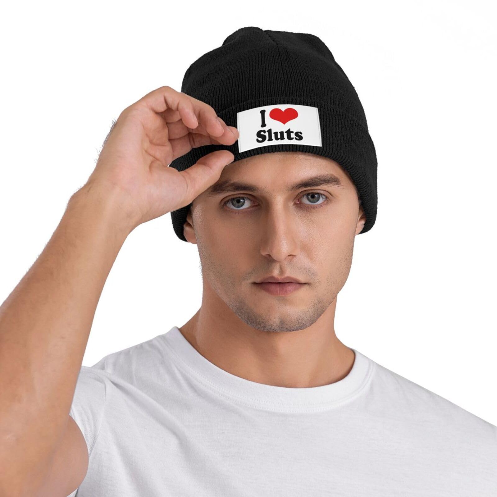 I Love Sluts Gifts Beanie Hat Men Skull Cap Women Knitted Hat Slouchy Stocking Hat Knit Stretchy Cap Black
