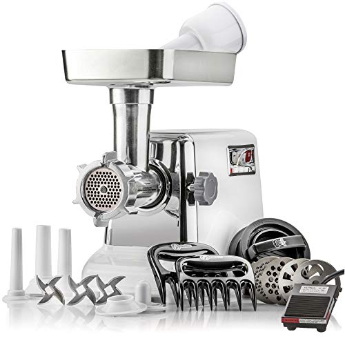 STX Turboforce 3000 Series 6-In-1 Powerful Size #12 Electric Meat Grinder with Foot Pedal • Sausage Stuffer • Kubbe Maker • Burger/Slider Maker • 2 Meat Claws • 3 S/S Blades • 4 Grinding Plates