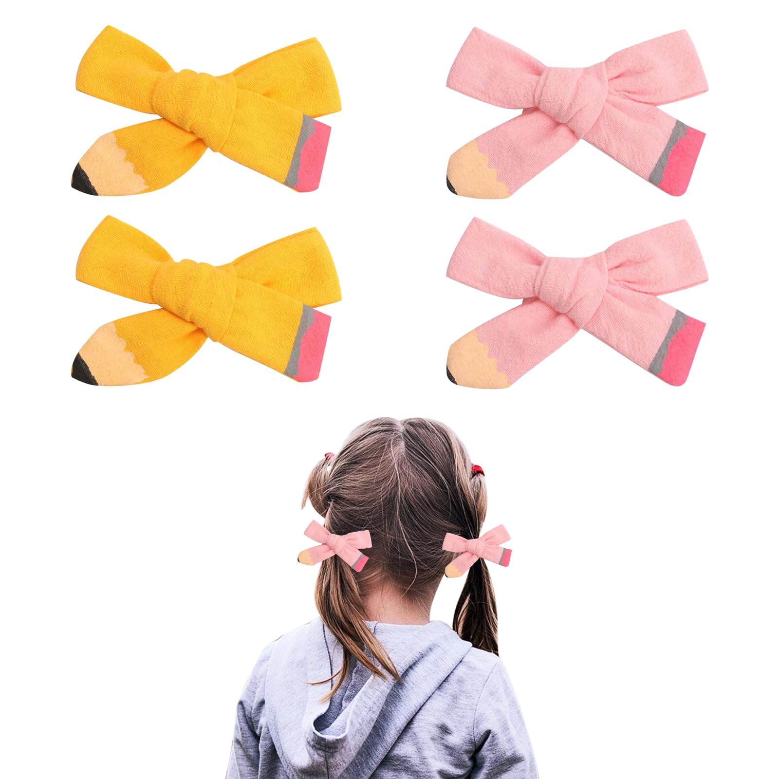 Fepibur 4 PCS Back To School Hair Clips for Girls, Hand Painted Yellow and Pink Pencil Bows, Hair Accessories for Little Teen Toddler Girls Students