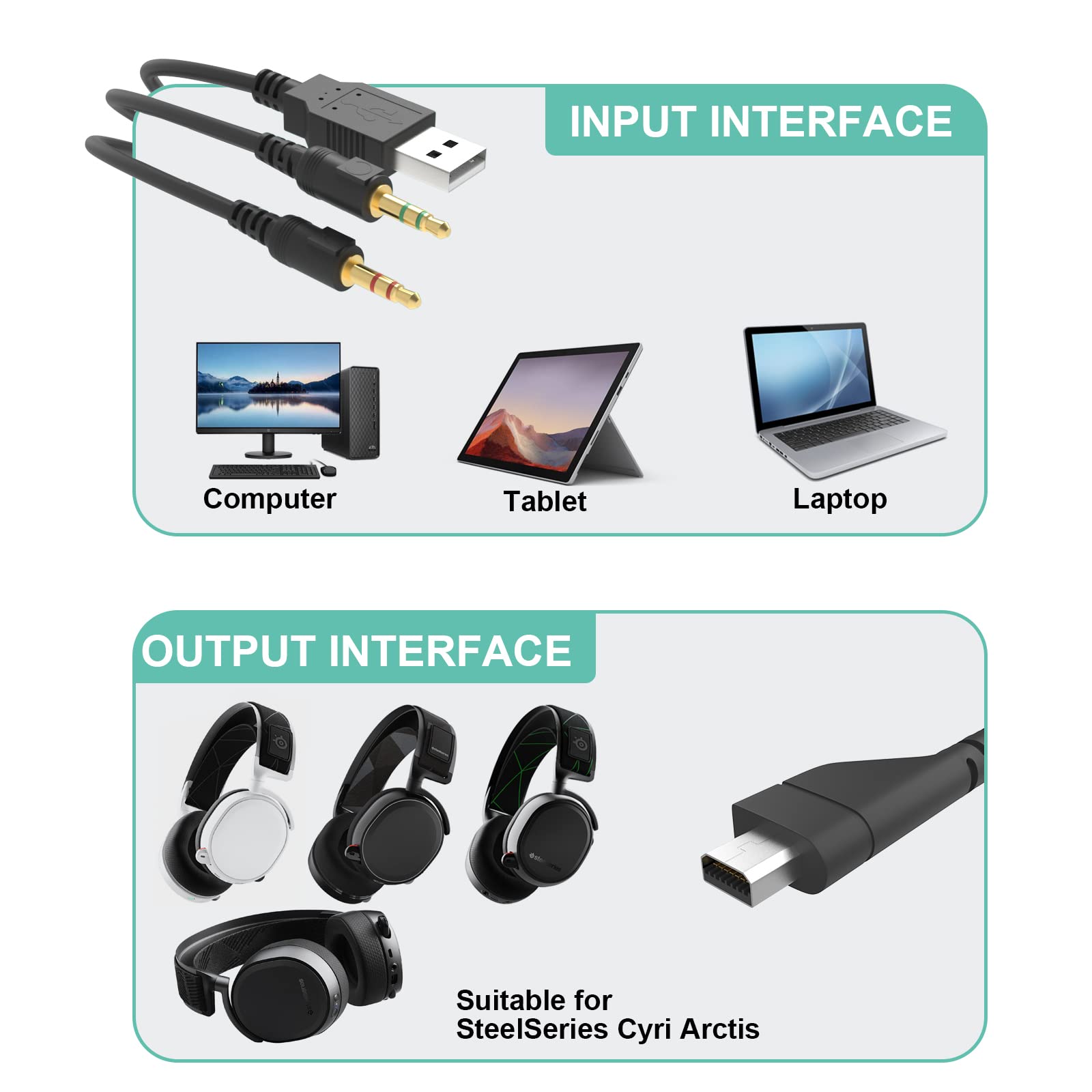 Koffmon 6.6ft PC Audio Detachable Cord Replacement Arctis Pro Cable Compatible with SteelSeries Arctis3 Arctis5 Arctis7 Arctis Pro Wireless Headphones-USB A &3.5mm Aux Computer Y Splitter Connector