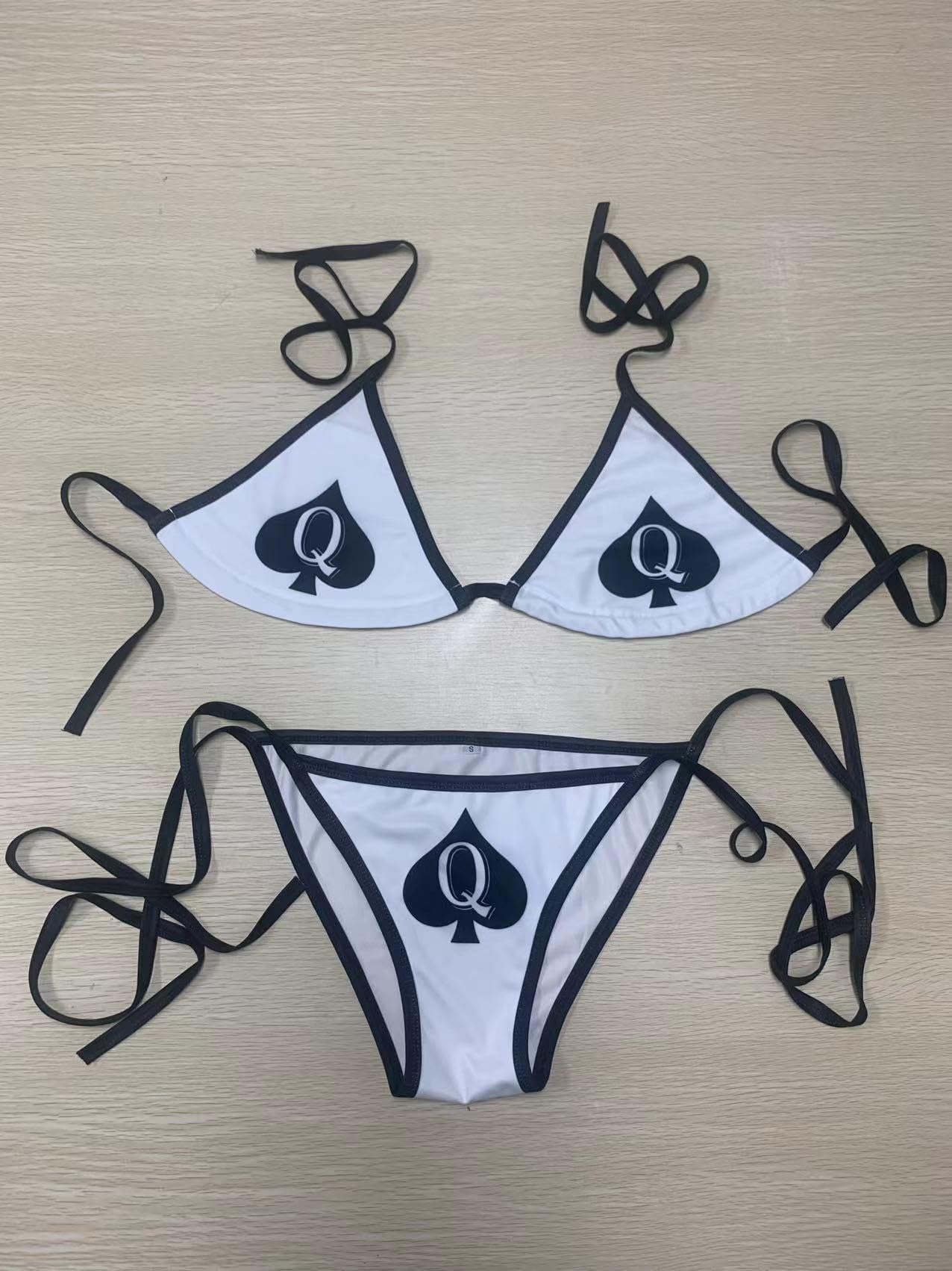 BBC Queen of Spades QOS Bikini (Adjustbale Top,Bottom) Set Micro String Thongs Women Swimsuit Free Size Hardcore Words Phrases (White)