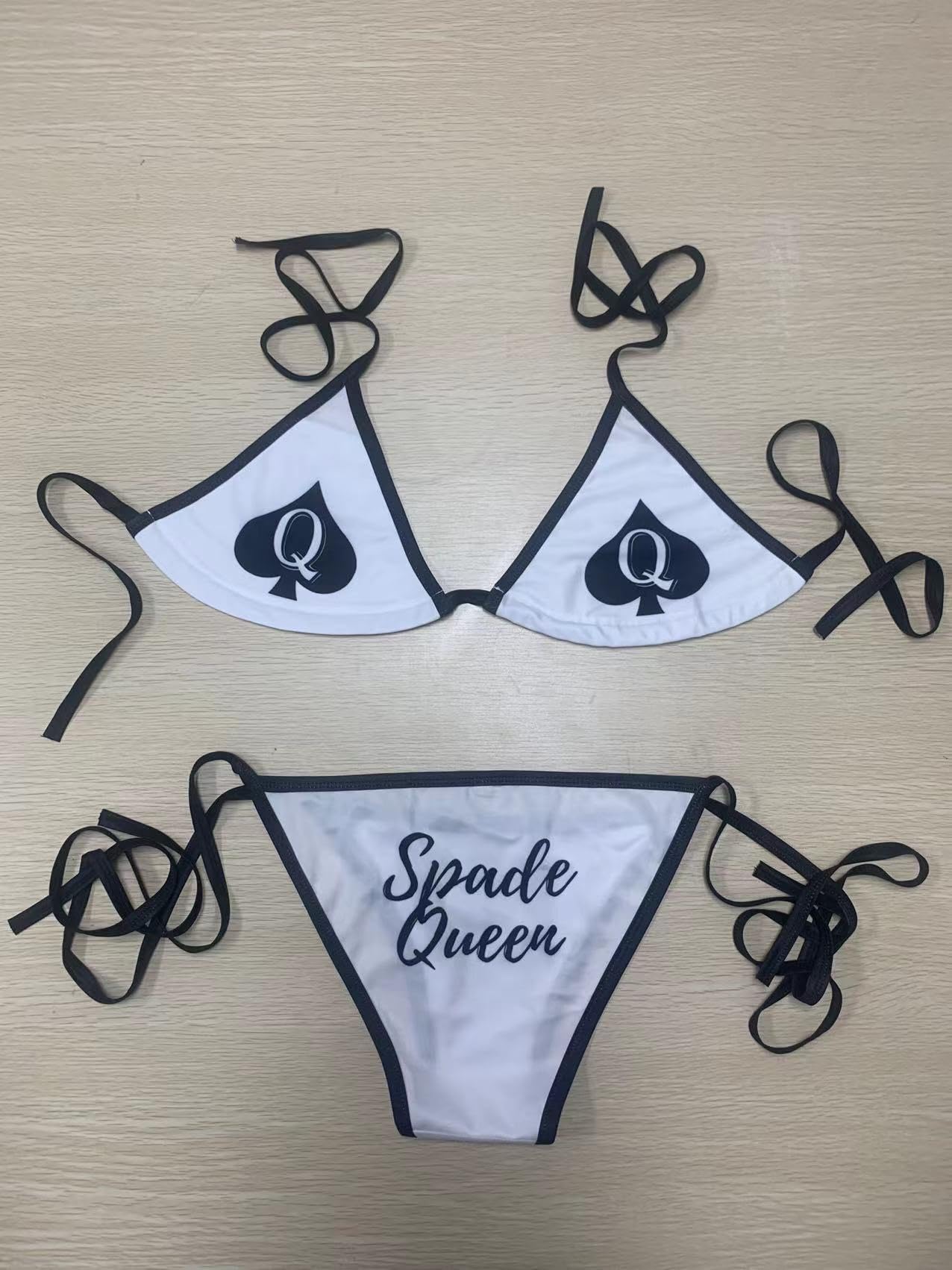 BBC Queen of Spades QOS Bikini (Adjustbale Top,Bottom) Set Micro String Thongs Women Swimsuit Free Size Hardcore Words Phrases (White)