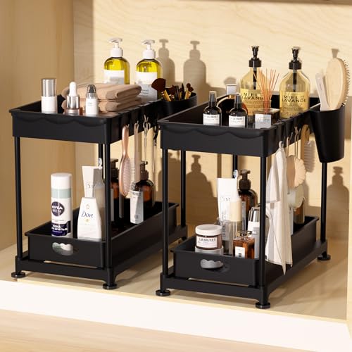NUTSAAKK 2 Tier Under Sink Organizers and Storage, Upgraded Bathroom Organizer Under Sink, Kitchen Cabinet Organizer with Sliding Drawer, Kitchen Sink Organizer Black,for Women, Mothers Day