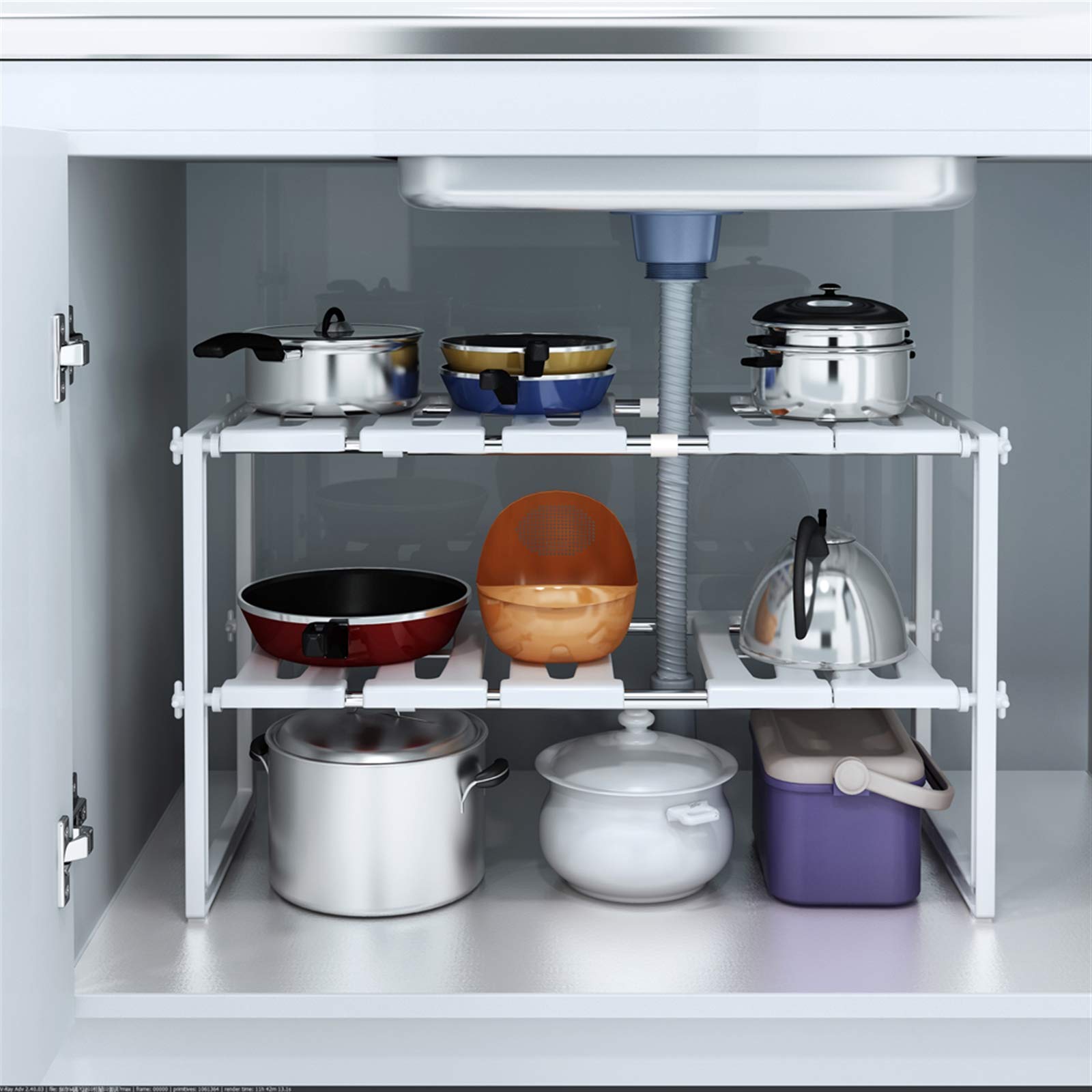 White Under Sink Organizer, Cabinet Organizer 2 Tier Under Bathroom Storage Rack, Multi-Purpose Under Sink Organizers and Storage for Bathroom Kitchen (39-66 x 26 x 38) cm (L x W x H)