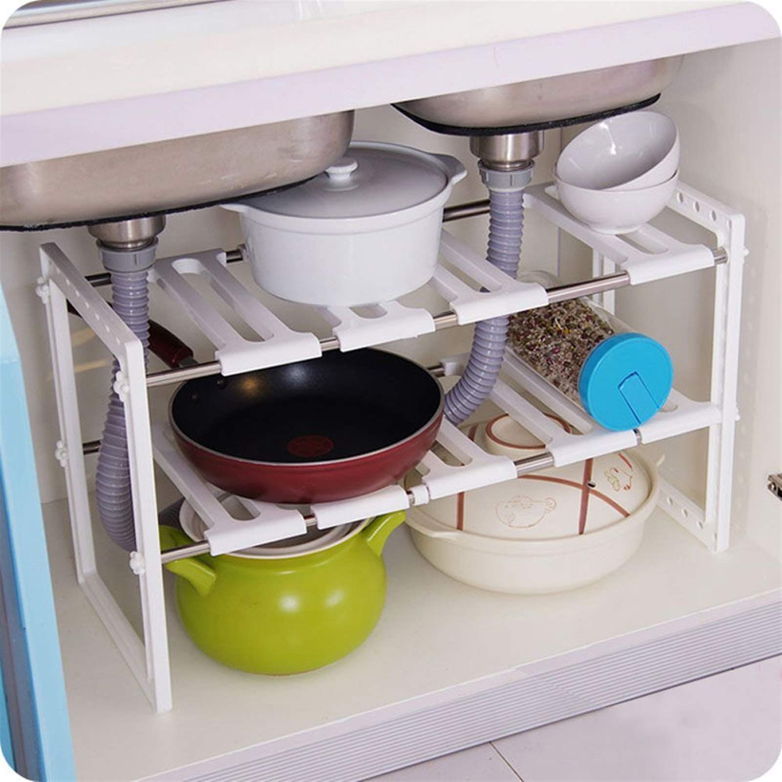 White Under Sink Organizer, Cabinet Organizer 2 Tier Under Bathroom Storage Rack, Multi-Purpose Under Sink Organizers and Storage for Bathroom Kitchen (39-66 x 26 x 38) cm (L x W x H)