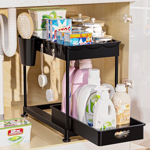 NUTSAAKK 2 Tier Under Sink Organizers and Storage, Upgraded Bathroom Organizer Under Sink, Kitchen Cabinet Organizer with Sliding Drawer, Kitchen Sink Organizer Black,for Women, Mothers Day