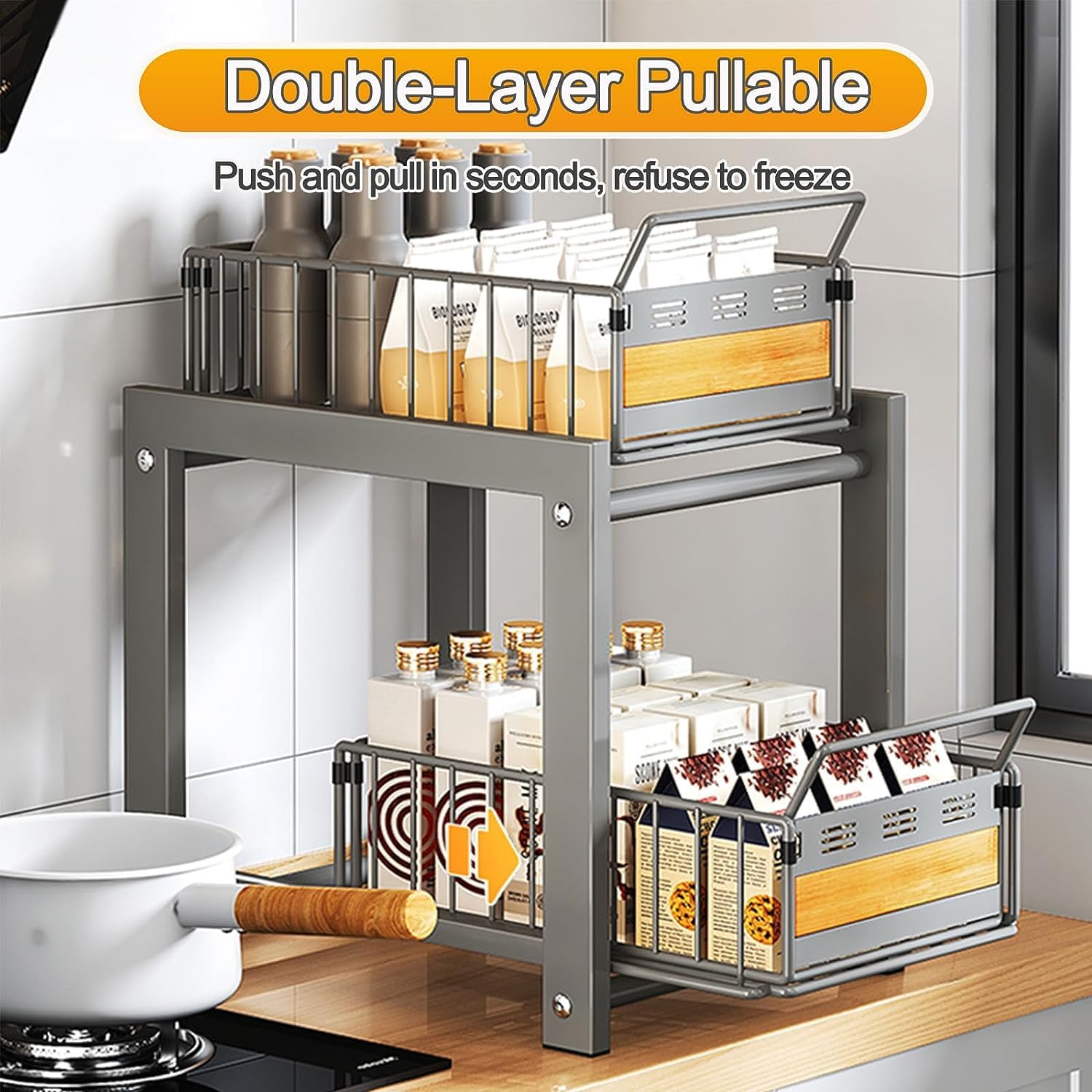 Fangtueh Under Sink Organizer, 2-Tier Pull Out Under Sink Organizers and Storage, Stainless Steel Under The Sink Organizer Bathroom Kitchen Sink Cabinet Organizer Undersink Organization, 1Pack Black