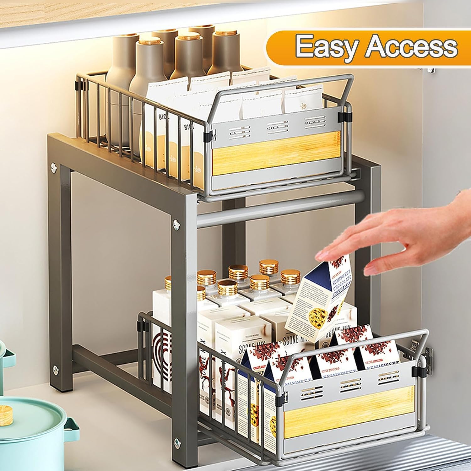 Fangtueh Under Sink Organizer, 2-Tier Pull Out Under Sink Organizers and Storage, Stainless Steel Under The Sink Organizer Bathroom Kitchen Sink Cabinet Organizer Undersink Organization, 1Pack Black