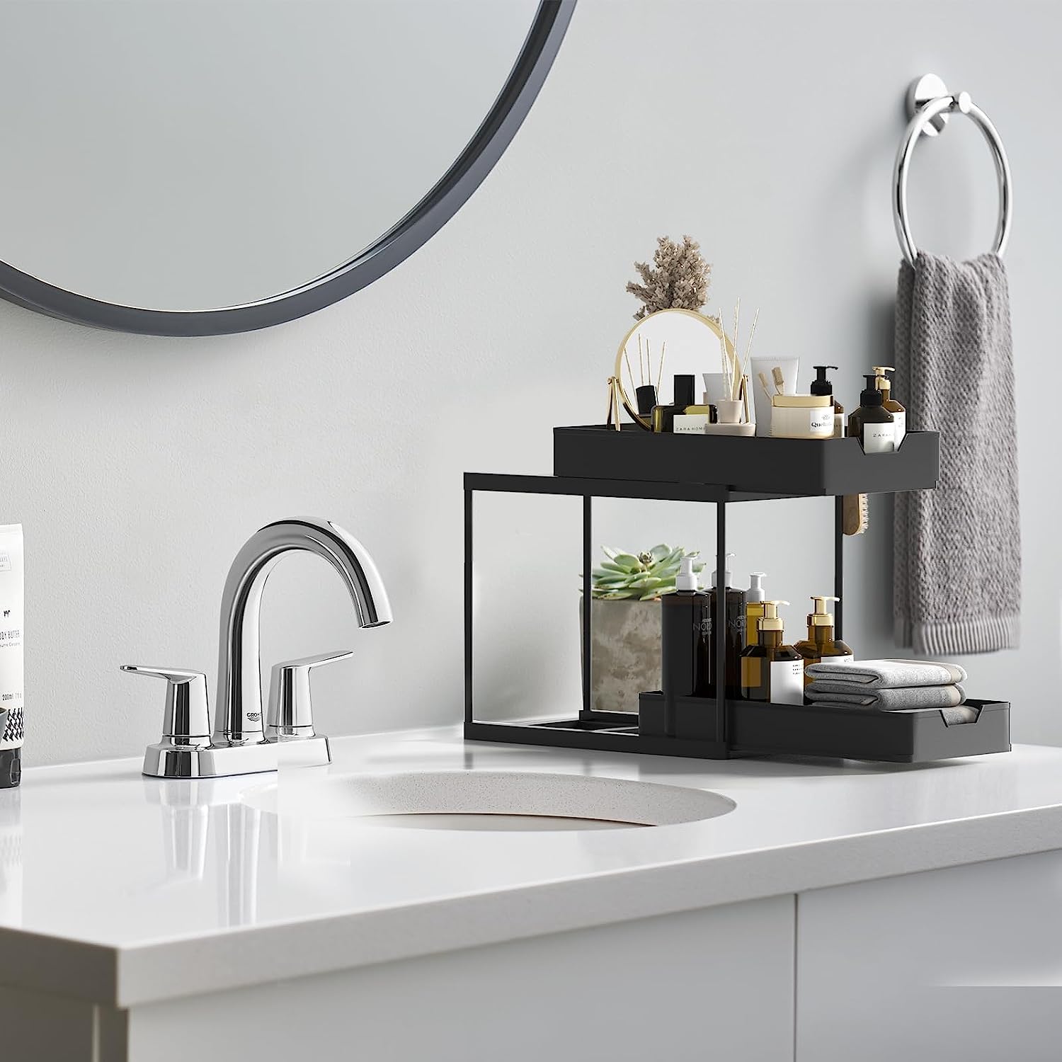Black 2 Pack Under Sink Organizers and Storage, 2-Tier Sliding Cabinet Basket Organizer Multi-Purpose Under Sink Organizers and Storage for Bathroom Kitchen 40 x 22 x 31CM