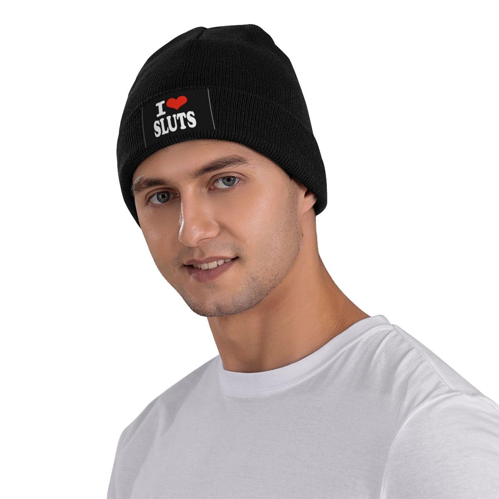 I Love Sluts Beanie Hat Men Skull Cap Women Winter Warm Hat Knitted Hat Slouchy Stocking Hat Knit Stretchy Cap Black