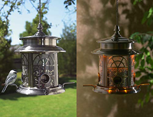 Sun-Ray 811016 Arch Inlay Solar Lighted Bird Feeder Hanging Lantern - Silver/Pewter