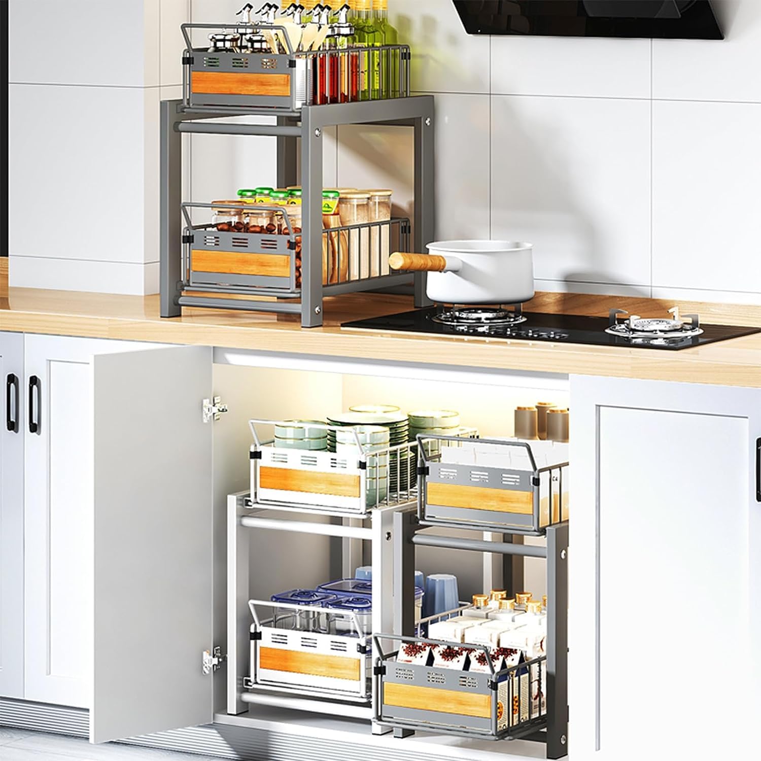 Fangtueh Under Sink Organizer, 2-Tier Pull Out Under Sink Organizers and Storage, Stainless Steel Under The Sink Organizer Bathroom Kitchen Sink Cabinet Organizer Undersink Organization, 1Pack Black