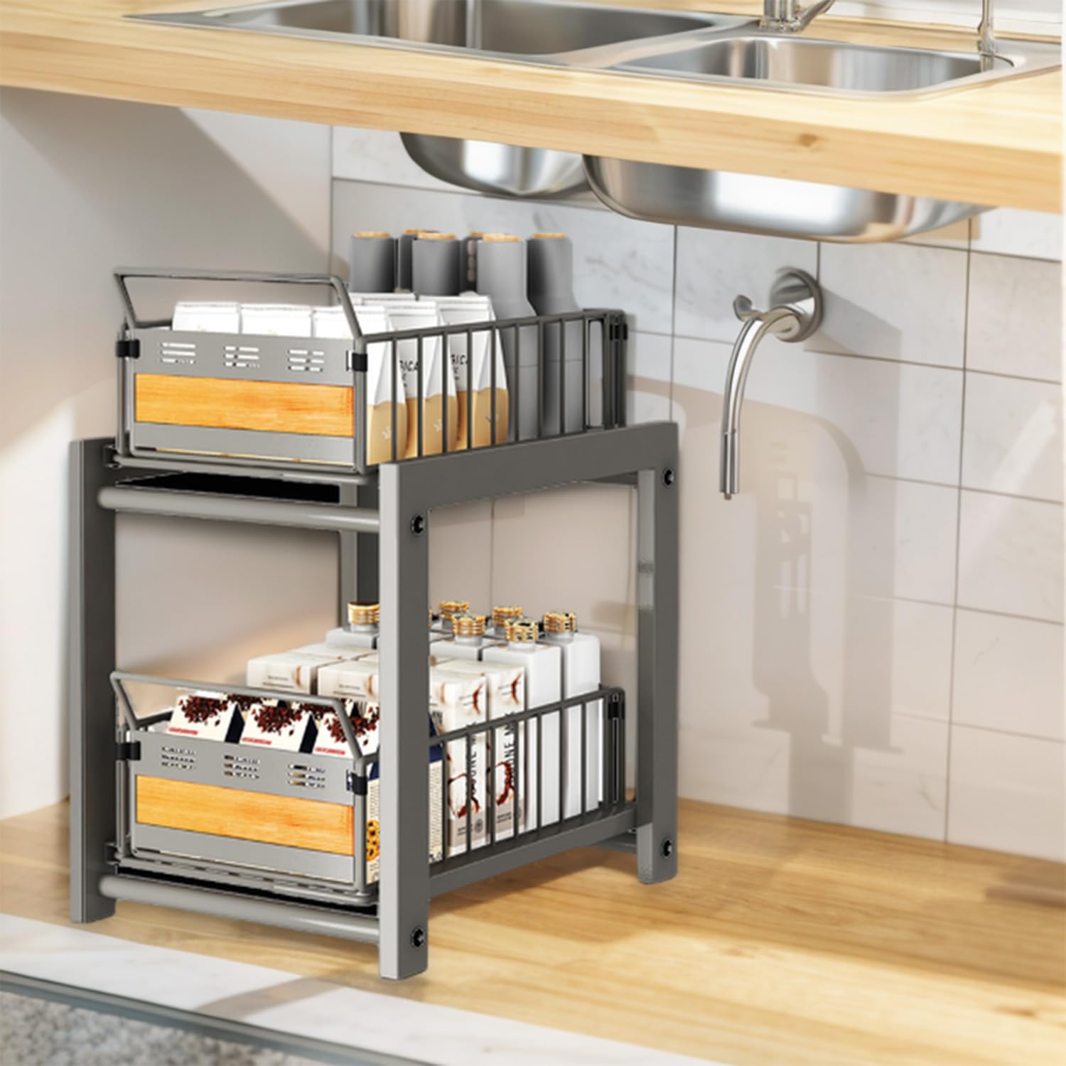Fangtueh Under Sink Organizer, 2-Tier Pull Out Under Sink Organizers and Storage, Stainless Steel Under The Sink Organizer Bathroom Kitchen Sink Cabinet Organizer Undersink Organization, 1Pack Black