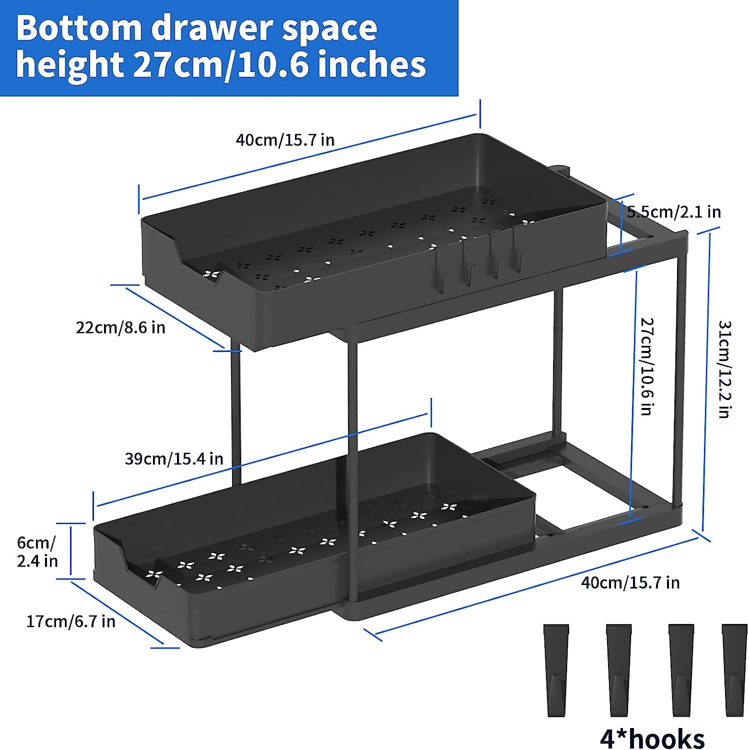 Black 2 Pack Under Sink Organizers and Storage, 2-Tier Sliding Cabinet Basket Organizer Multi-Purpose Under Sink Organizers and Storage for Bathroom Kitchen 40 x 22 x 31CM