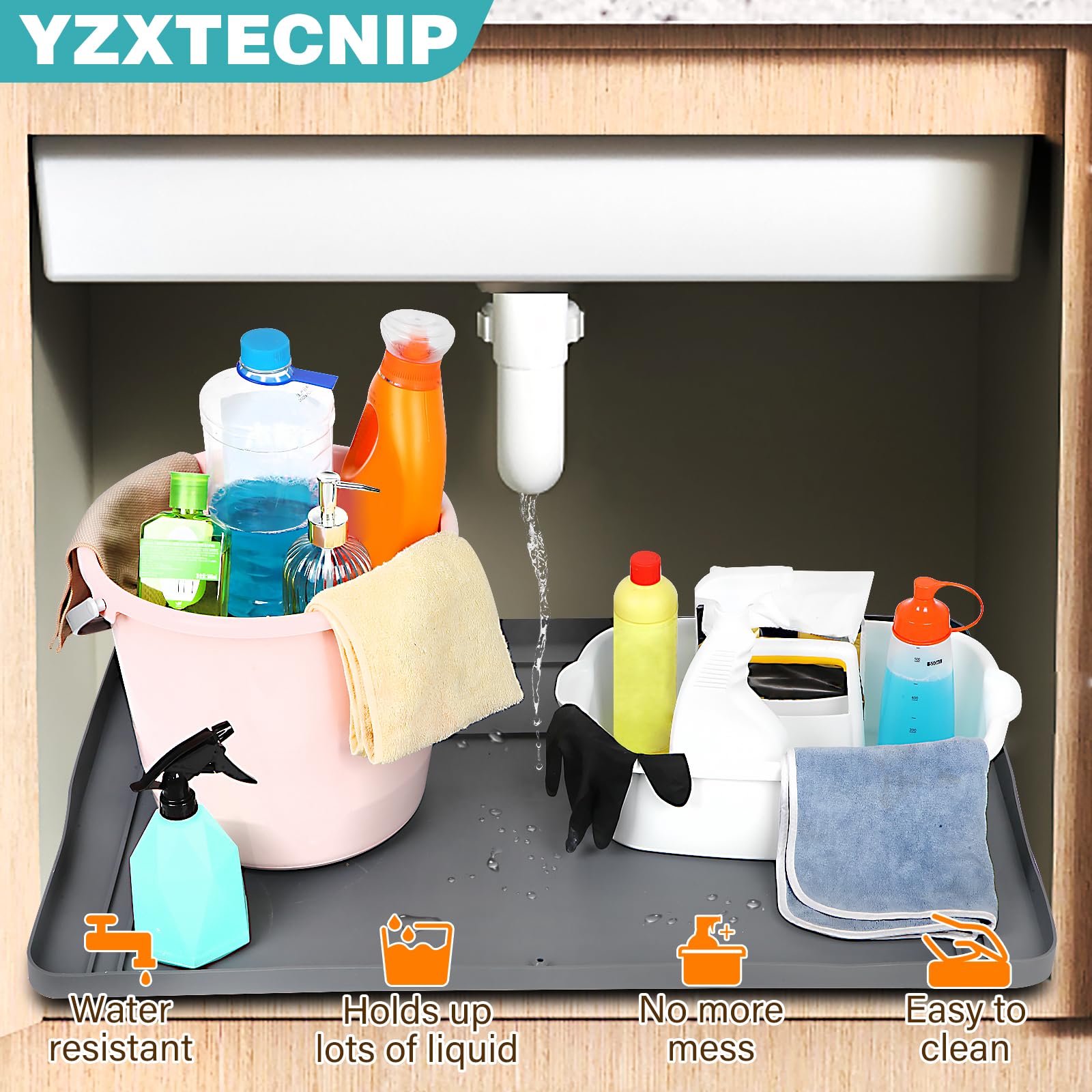 Under Sink Mat for Kitchen Waterproof, 34”x22”Or Smaller Cut to Fit Flexible Silicone Under Sink Liner with Drain Hole,Kitchen Bathroom Cabinet Organizer and Protector for Drips Leaks Spills