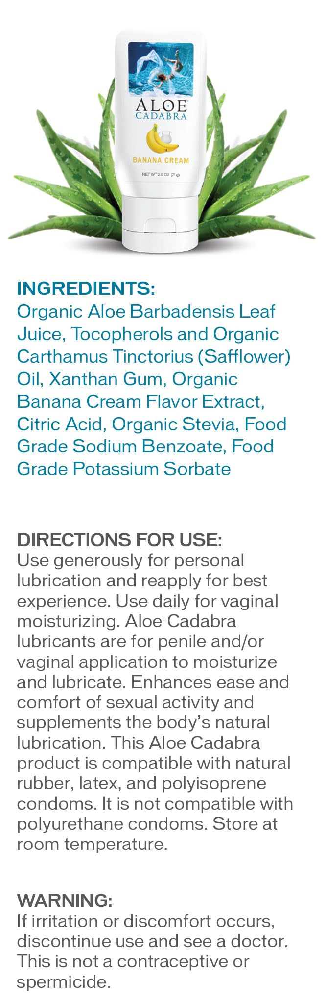 Aloe Cadabra Flavored Personal Lubricant and Vaginal Moisturizer, Organic Edible Aloe Lube for Men, Women, and Couples, Non-Staining, pH Balanced, Toy Compatible (Banana Cream, 2.5 Ounces, 1 Pack)