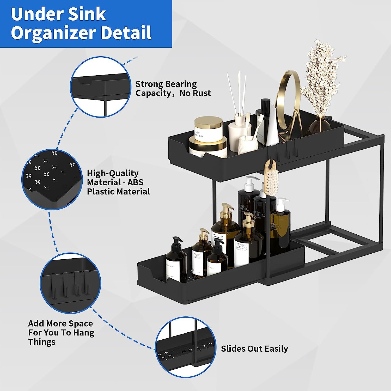 Black 2 Pack Under Sink Organizers and Storage, 2-Tier Sliding Cabinet Basket Organizer Multi-Purpose Under Sink Organizers and Storage for Bathroom Kitchen 40 x 22 x 31CM